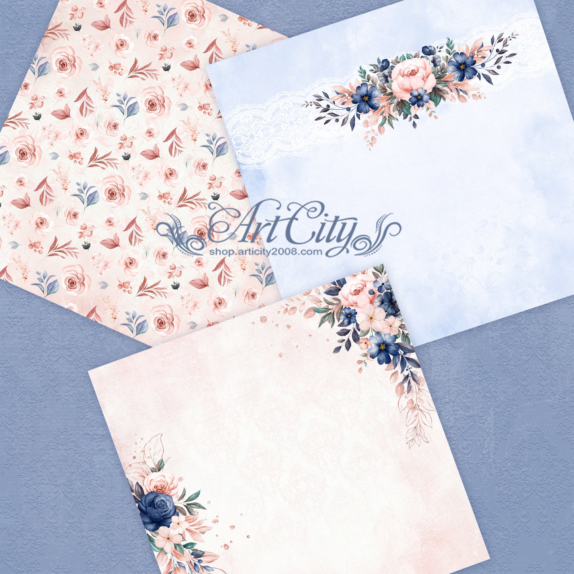 Blush Wedding Digital Paper Peach Flower Scrapbook Blue | Etsy
