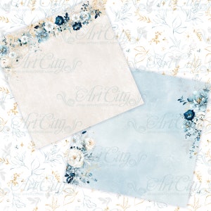 Blue Garden Digital Paper Pack, Elegant Light Blue and Gold Floral ...
