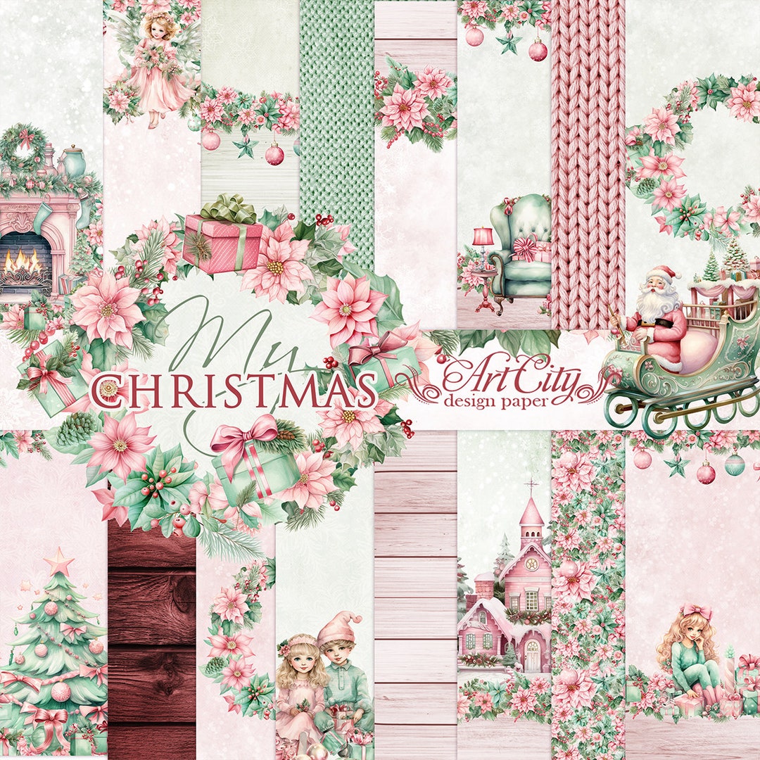 Modern Sweet Christmas Digital Paper Pack – Pink and Mint Holiday ...