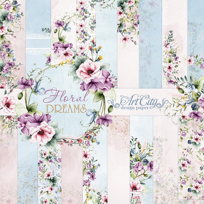 Floral Dreams Digital Paper Pack, Pastel Pink and Blue Watercolor ...