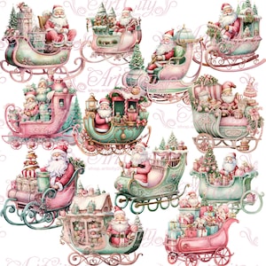 Pink and Mint Christmas Sleigh Digital Clipart Watercolor Santa Claus ...