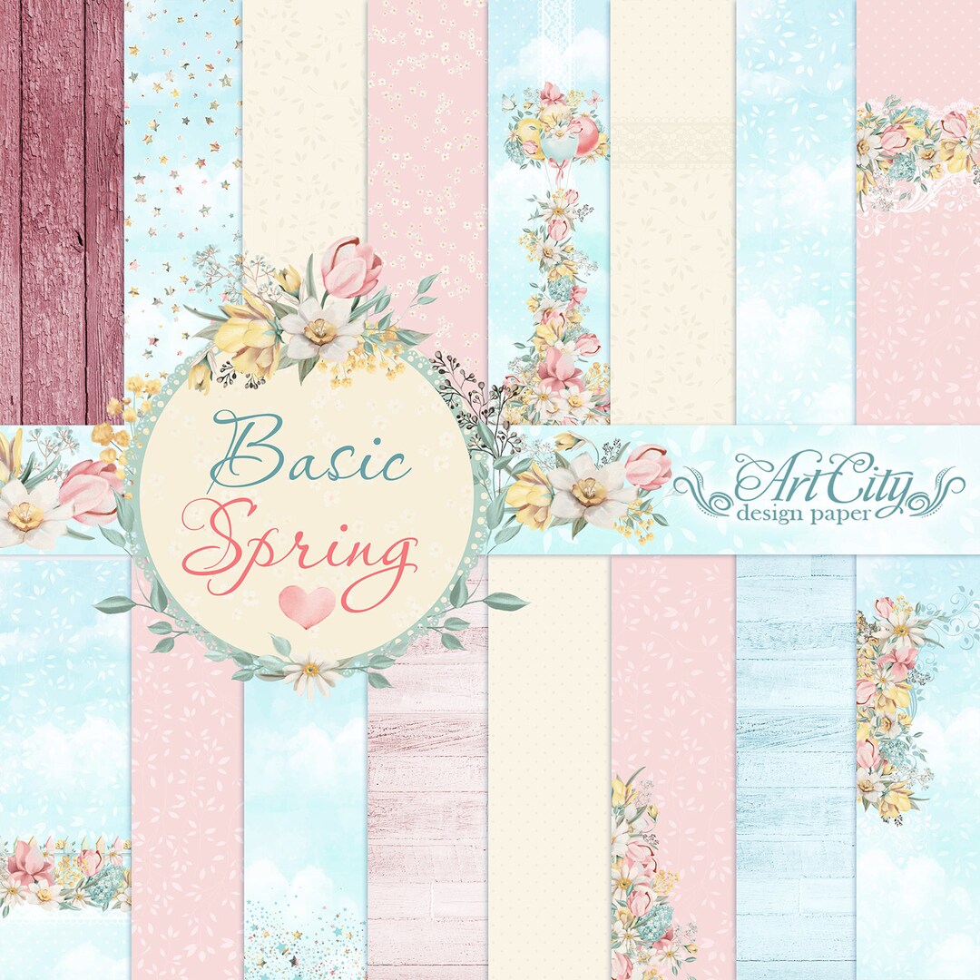 Basic Spring Digital Paper Pack, Pastel Pink and Blue Floral ...