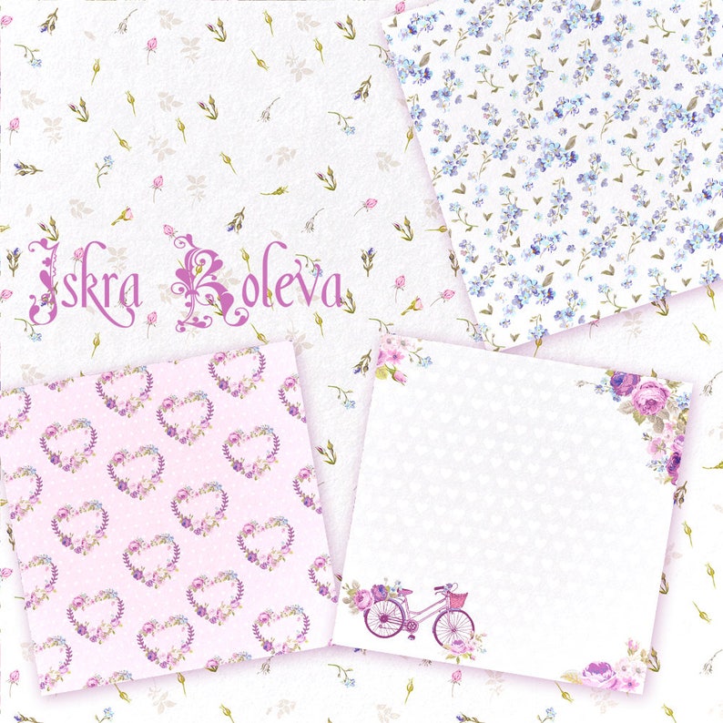 Flower Digital Paper Pink Background Love Scrapbook Bike | Etsy