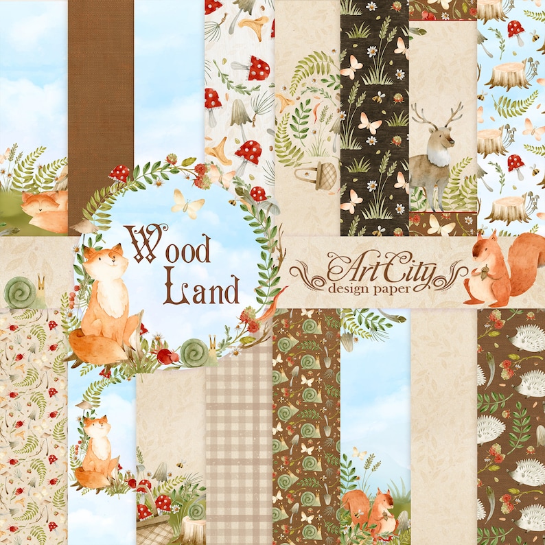 Woodland Forest Animal Digital Paper Pack – Fox, Squirrel, Mushrooms ...