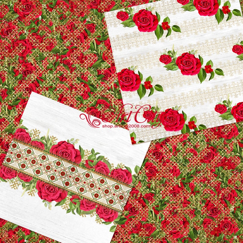 Red Roses Paper Pack Ethno Digital Floral Fabric Traditional | Etsy