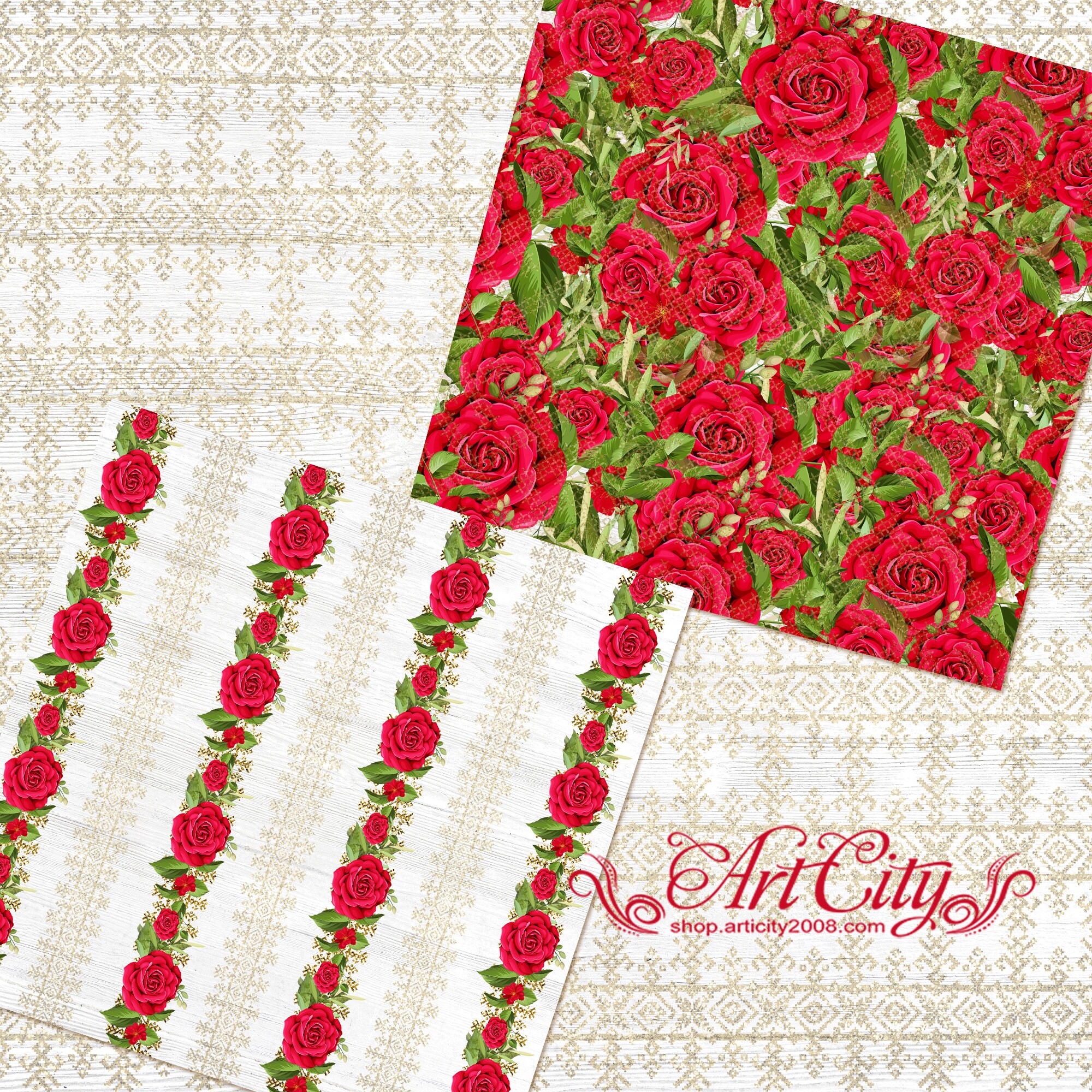 Red Roses Paper Pack Ethno Digital Floral Fabric Traditional | Etsy
