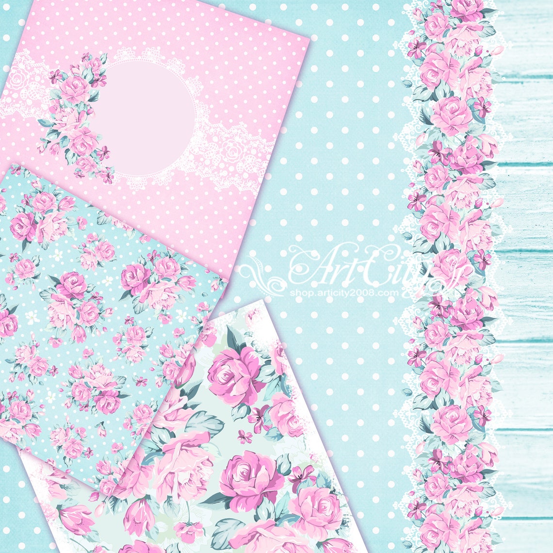 Fresh Pink and Mint Digital Paper Flower Scrapbook Background - Etsy
