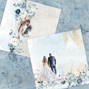 Bride and Groom Blue Wedding Digital Paper Golden Flower Scrapbook Love ...