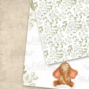 Sweet Baby Elephant Digital Paper Pack - Green, Beige, and Soft Pastel ...