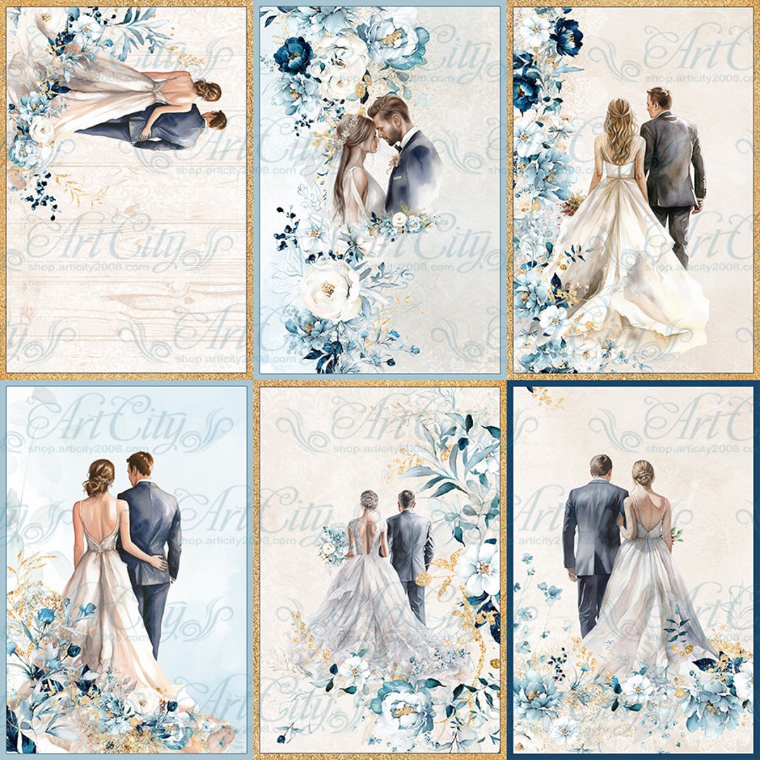 Bride and Groom Blue Wedding Digital Paper Golden Flower Cards ...