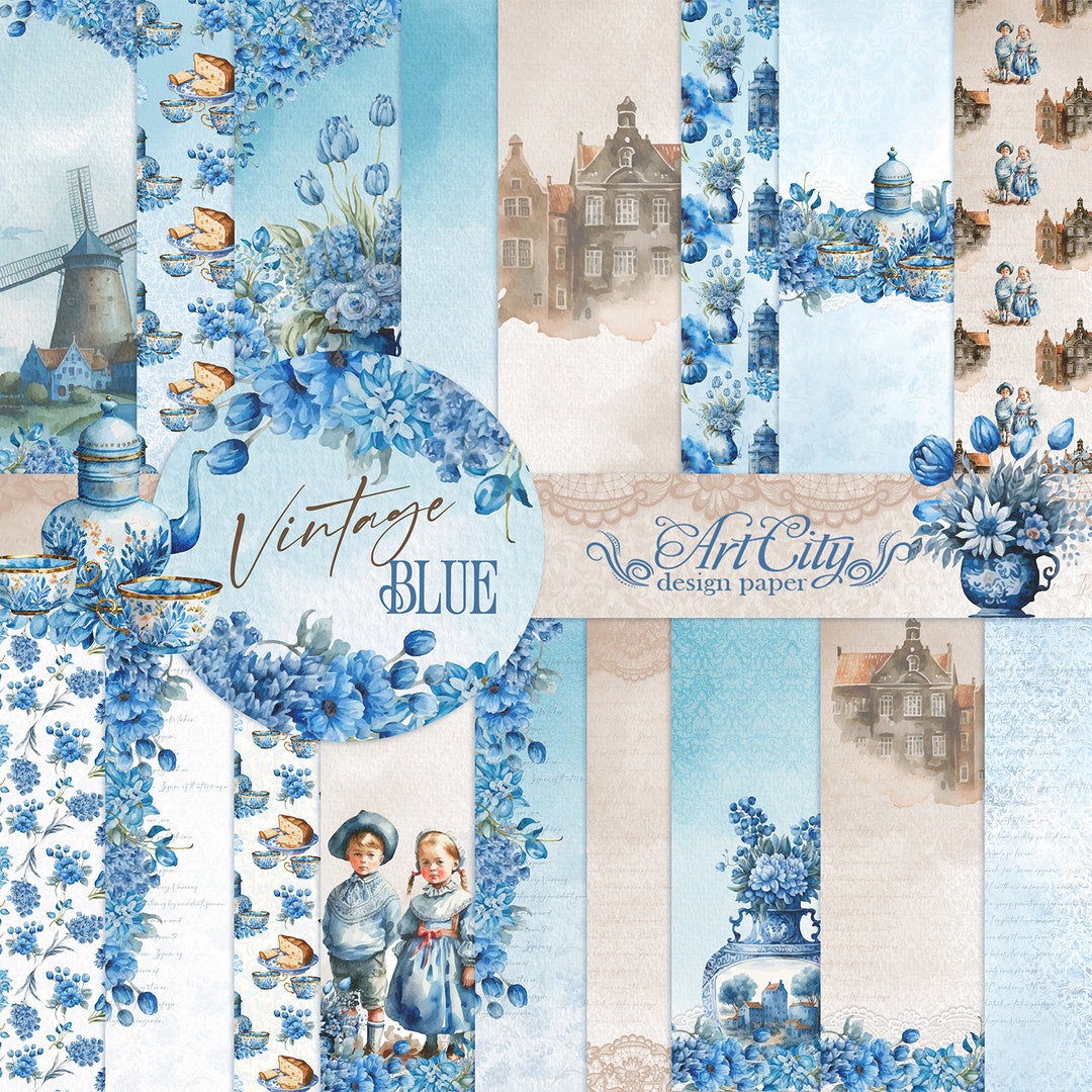 Vintage Blue Digital Paper Pack - Dutch Style Scrapbooking, Blue ...