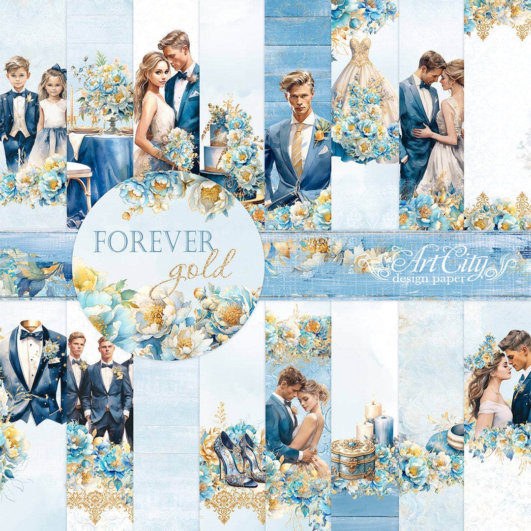 Wedding Digital Paper Pack in Blue and Gold, Elegant Floral Wedding ...