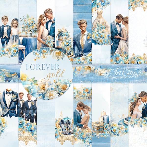 Blue and Gold Digital Paper - Etsy