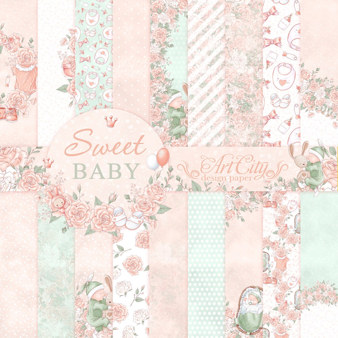 Sweet Baby Digital Paper Scrapbook Background Children Peach and Green ...