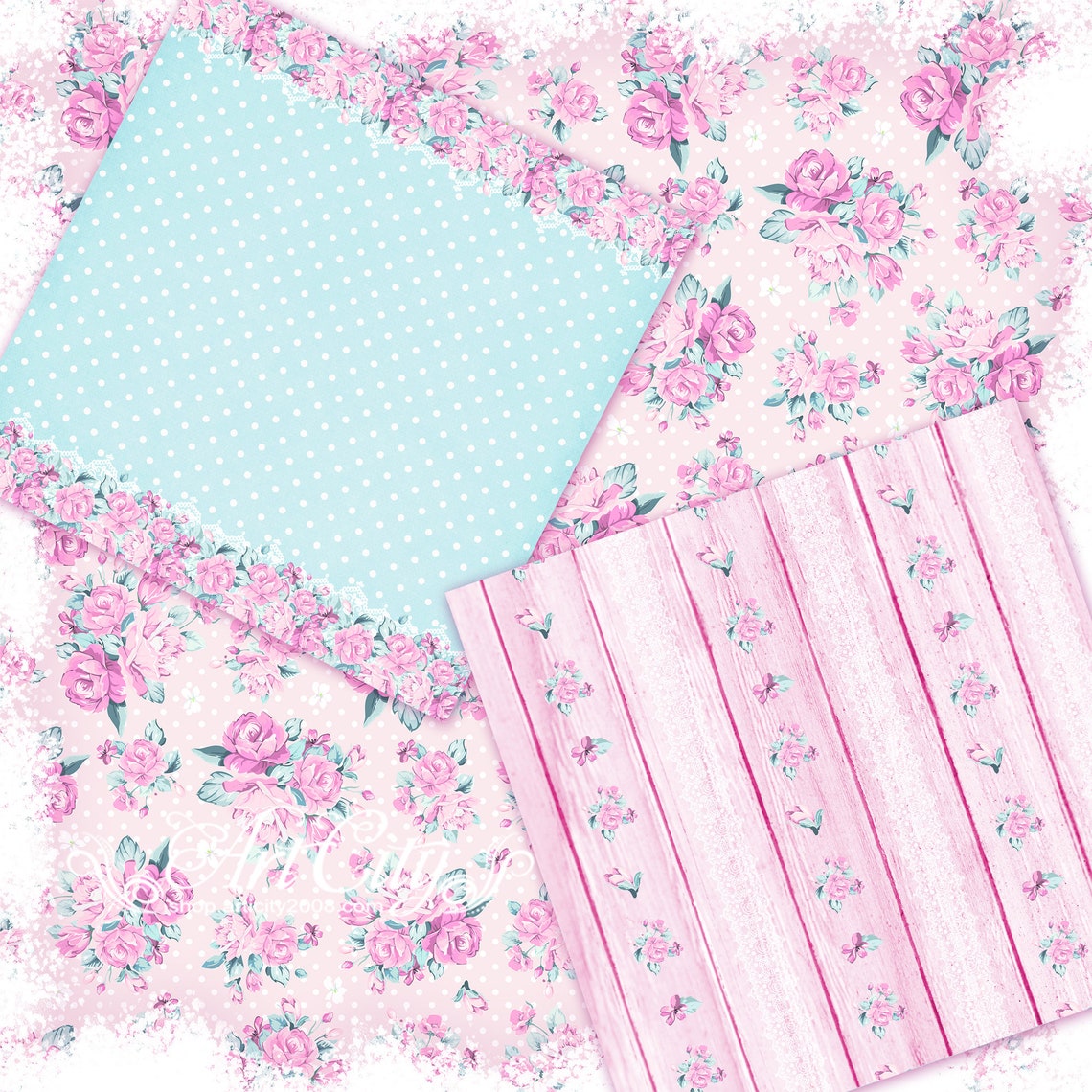 Fresh Pink and Mint Digital Paper Flower Scrapbook Background - Etsy