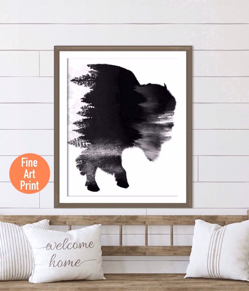 Black and White Buffalo Abstract Wall Art Watercolor Print | Etsy