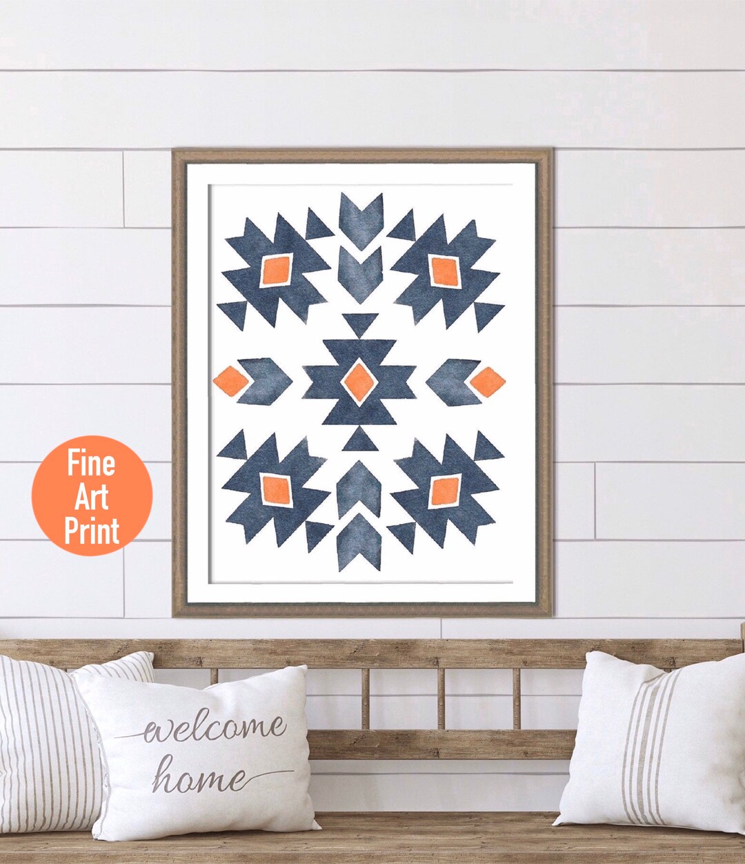 Blue and Burnt Orange Geometric Aztec Print - Etsy
