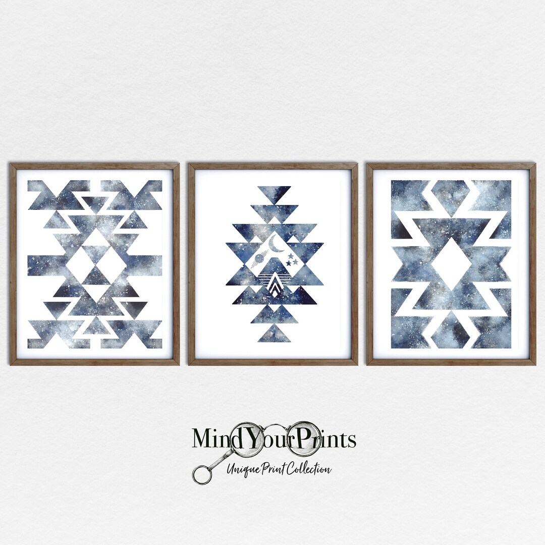 Large Blue Aztec Prints Gallery Wall Art Set of 3 Home Decore Farmhouse ...