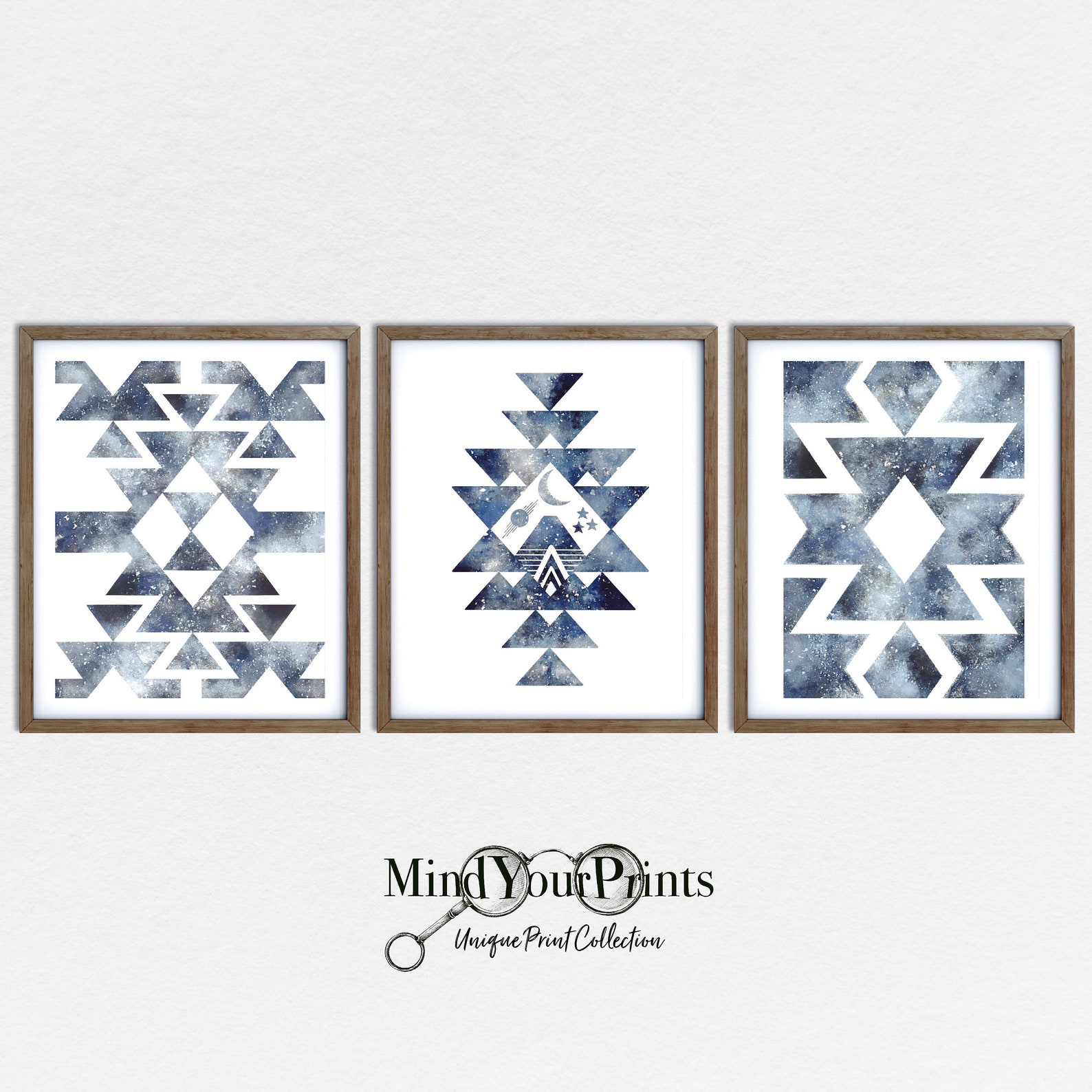 Large Blue Aztec Prints Gallery Wall Art Set of 3 Home - Etsy