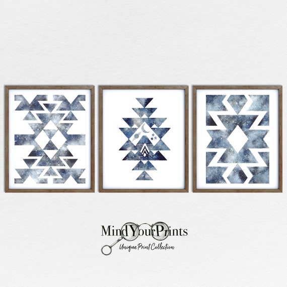 Large Blue Aztec Prints Gallery Wall Art Set of 3 Home - Etsy