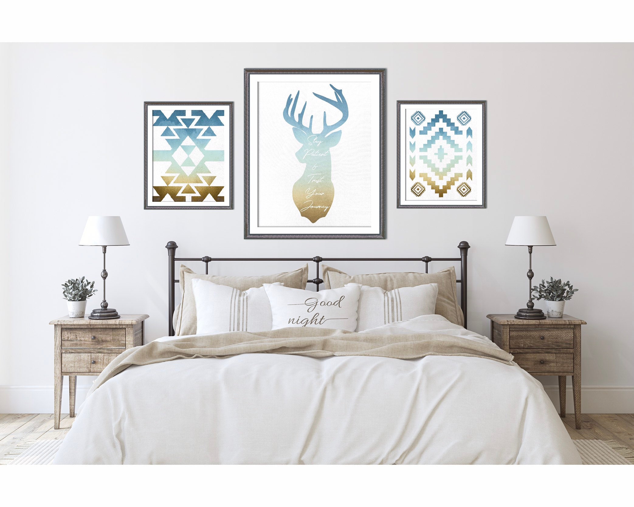 Blue Gold Geometric Wall Art Aztec Print | Etsy