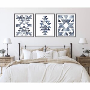 Large Blue Aztec Prints Gallery Wall Art Set of 3 Home Decore Farmhouse ...
