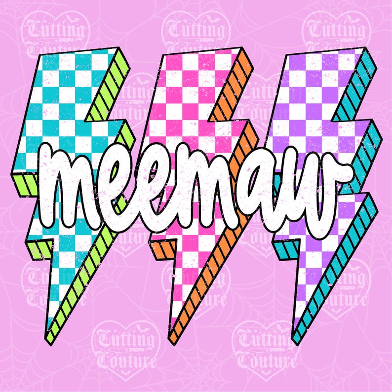 Lightning Checkered Meemaw Png, Neon Lightning Bolt Meemaw Png, Retro ...
