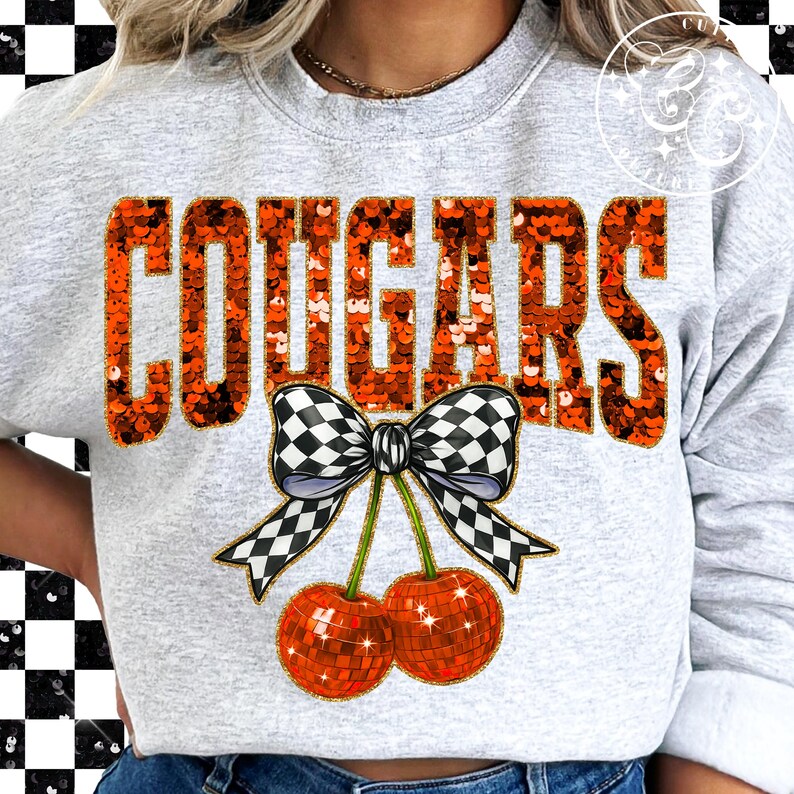 Cougars Png, Cherry Sequin Png, Coquette Cougars Sublimation Design, Cougars Shirt Png, Preppy ...