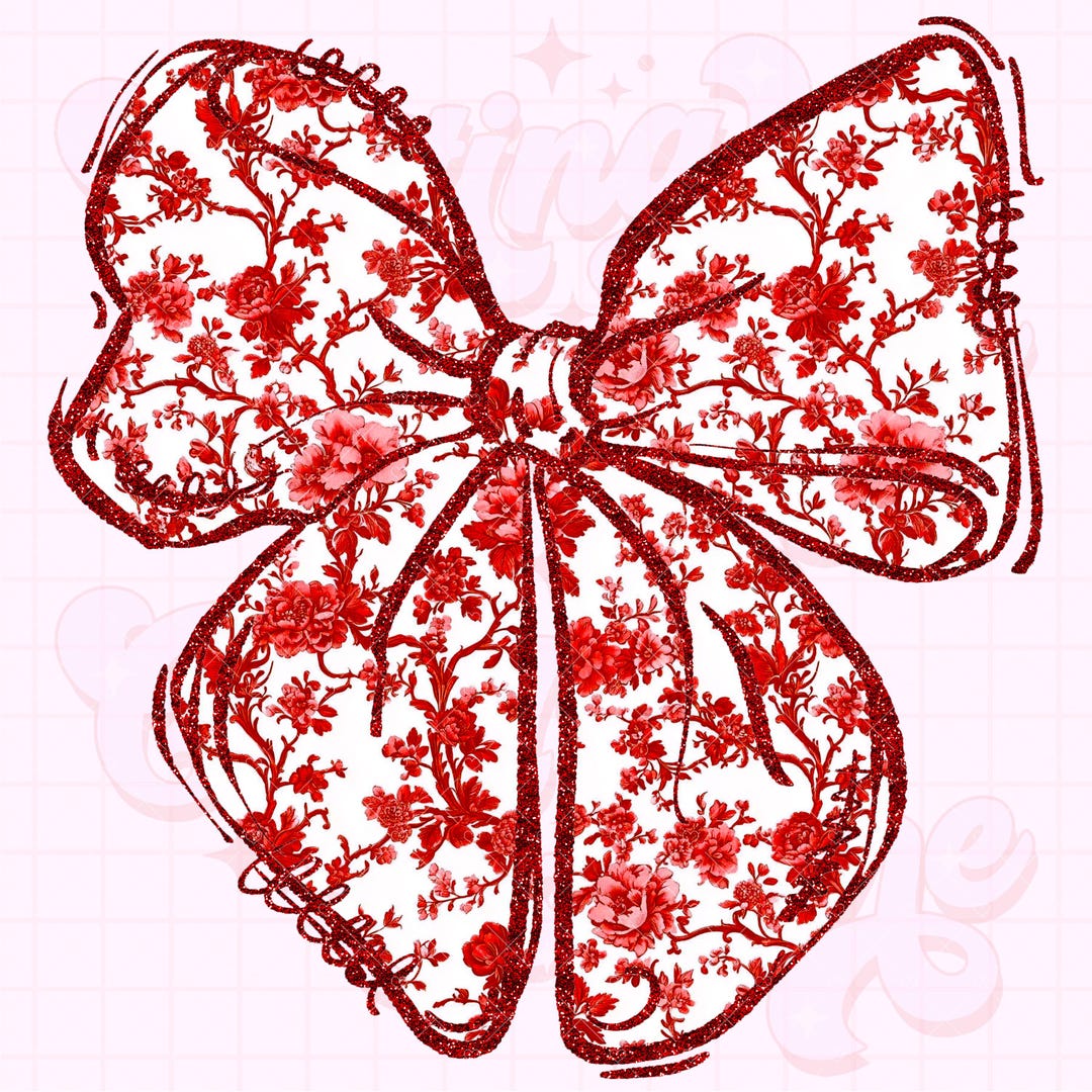 Red Toile Bow Png, Chinoiserie Bow Png, Coquette Bow Png, Floral Bow ...