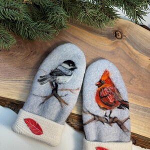 Bird Needle Felted Wool & Leather Handmade Mittens Fully Lined OOAK - Etsy