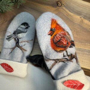 Bird Needle Felted Wool & Leather Handmade Mittens Fully Lined OOAK - Etsy