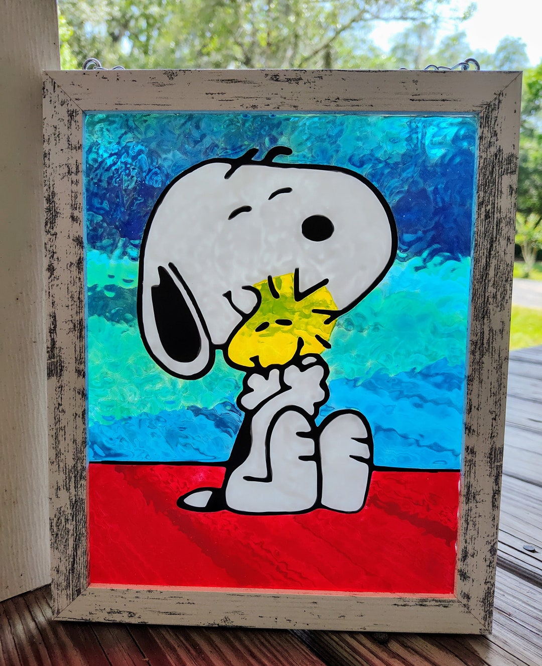 Snoopy; Painted Stained Glass; Hand-painted; White Distressed Frame; 8 ...