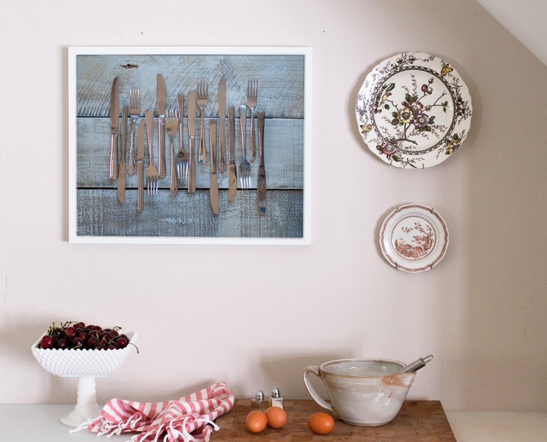 Vintage Silverware on Blue Wood, Rustic, Kitchen Photography, Kitchen ...