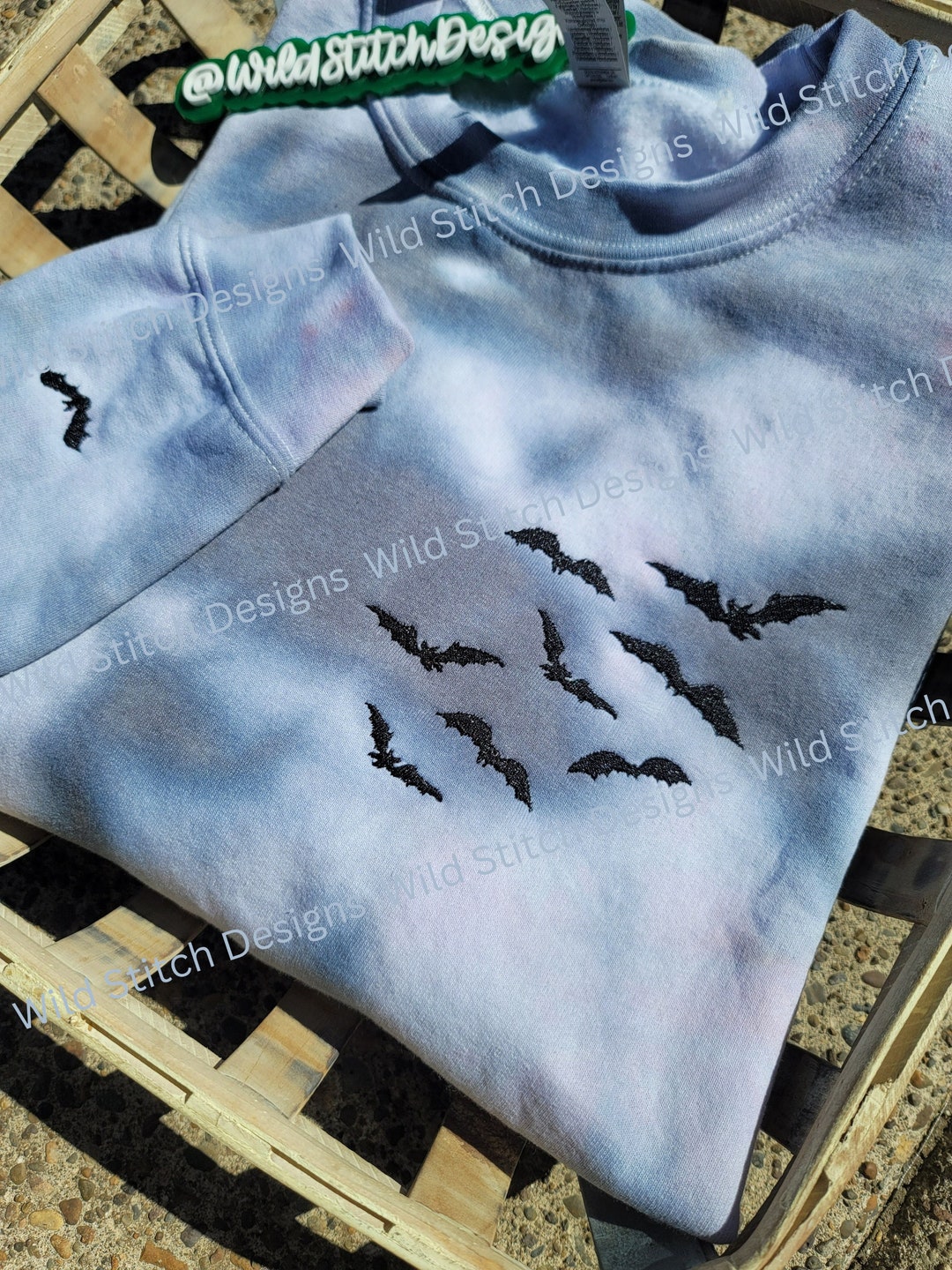Bat Sweatshirt, Halloween Crewneck, Embroidered Bats, Black Ice Tie Dye ...