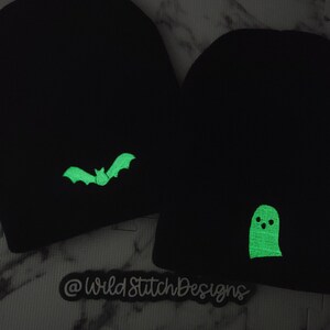 Bat Beanie, Ghost Beanie, Halloween Beanie, Embroidered Beanie, Glow in ...