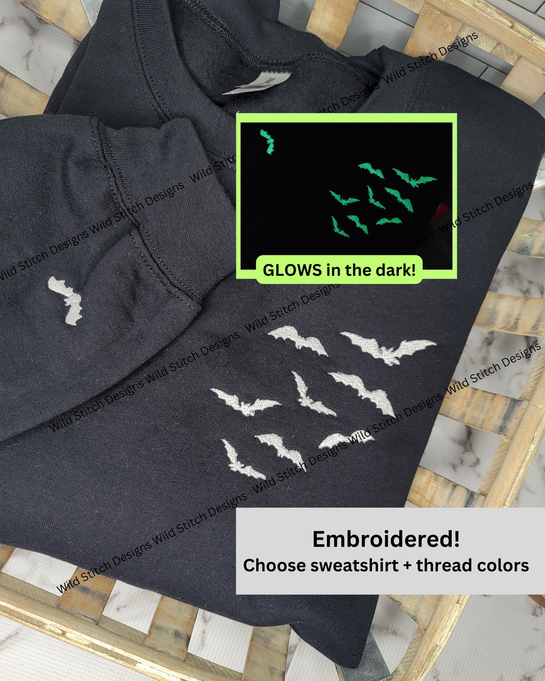 Bats Halloween Crewneck Sweatshirt, Glow in the Dark, Embroidered Bat ...