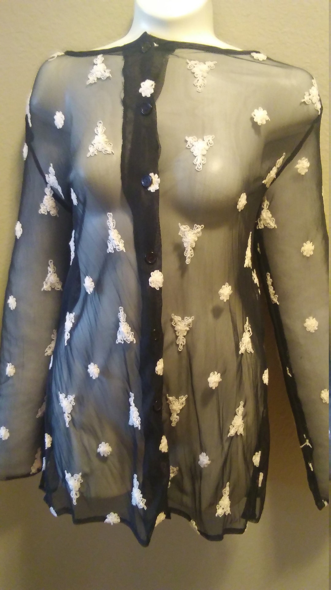 Vintage Tunic Style Black Shirt Fishnet Type Material With White ...