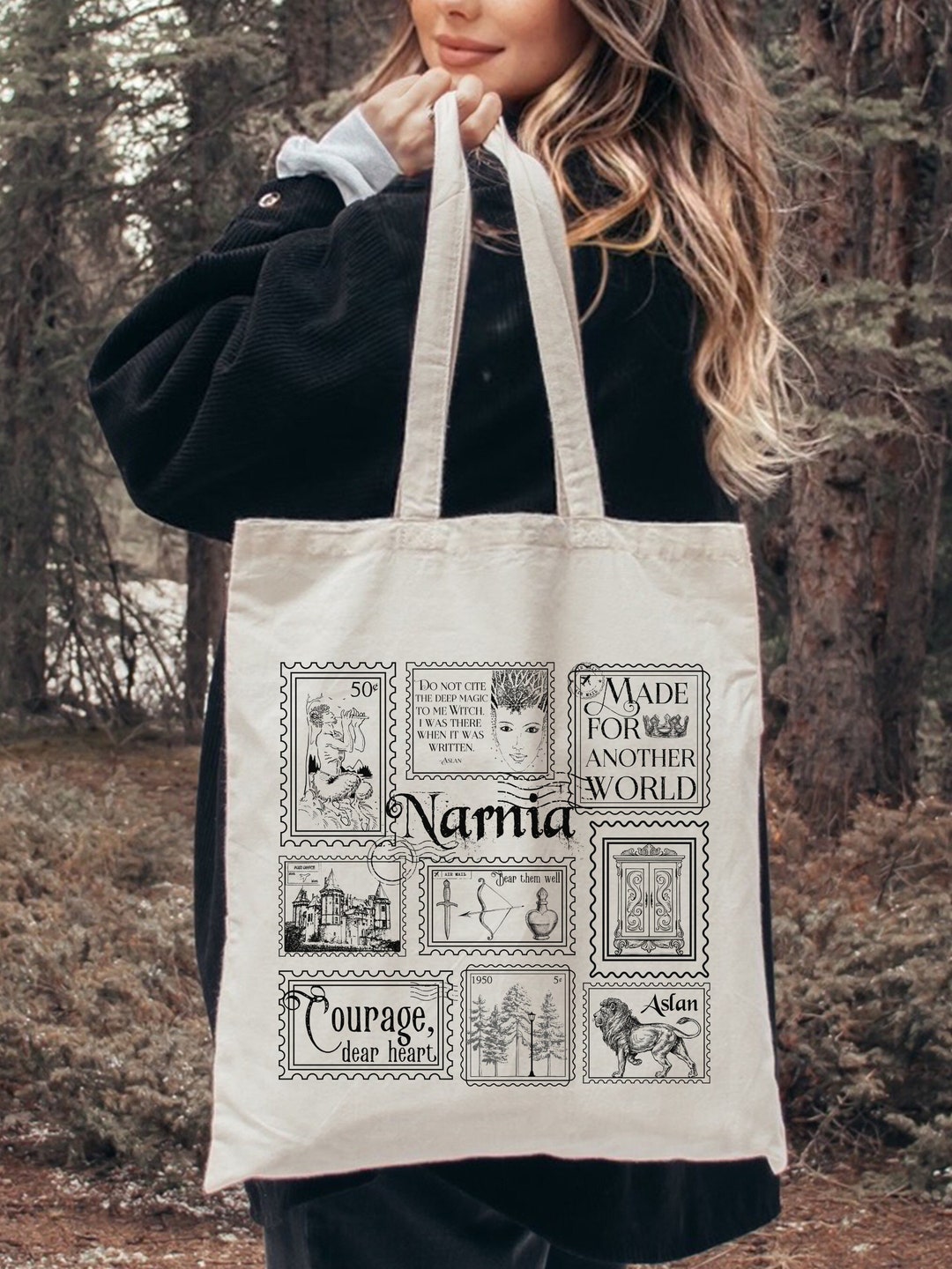 Narnia Stamp Collection Canvas Tote Bag * Lion Witch Wardrobe CS Lewis ...