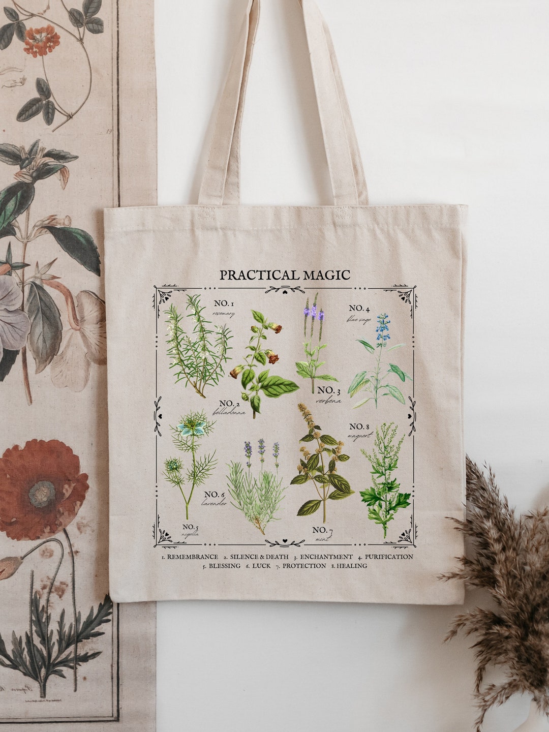 Practical Magic Flower Herb Chart Botanical Wild Flower Tote Bag ...