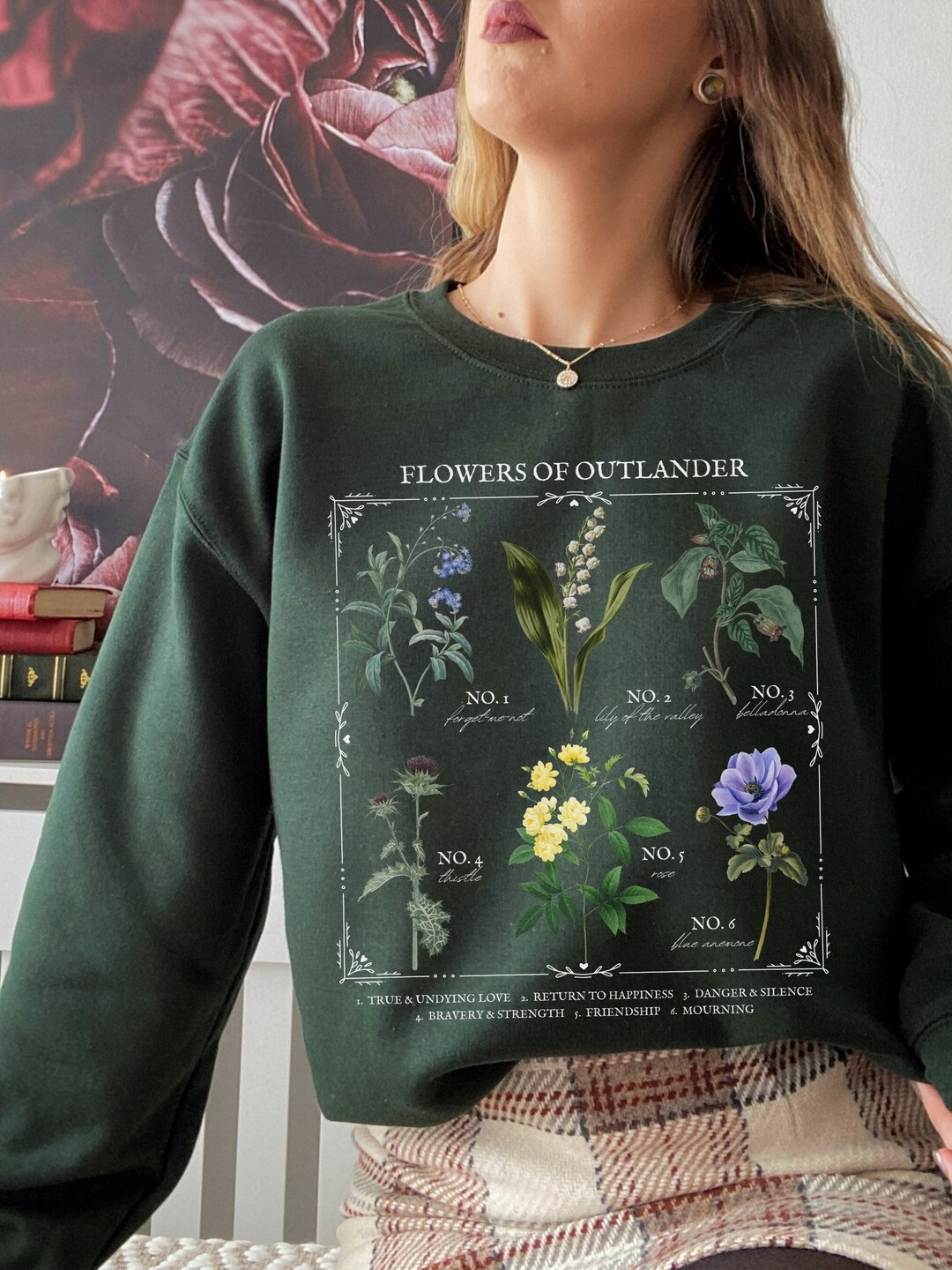 Bookish Flower Chart Crewneck * Outlander Claire Jamie Fraser Sassenach ...