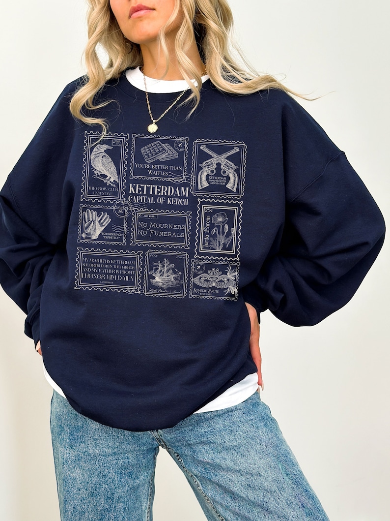 Six of Crows Stamp Collection Crewneck Sweatshirt * Crow Club Kaz Inej ...