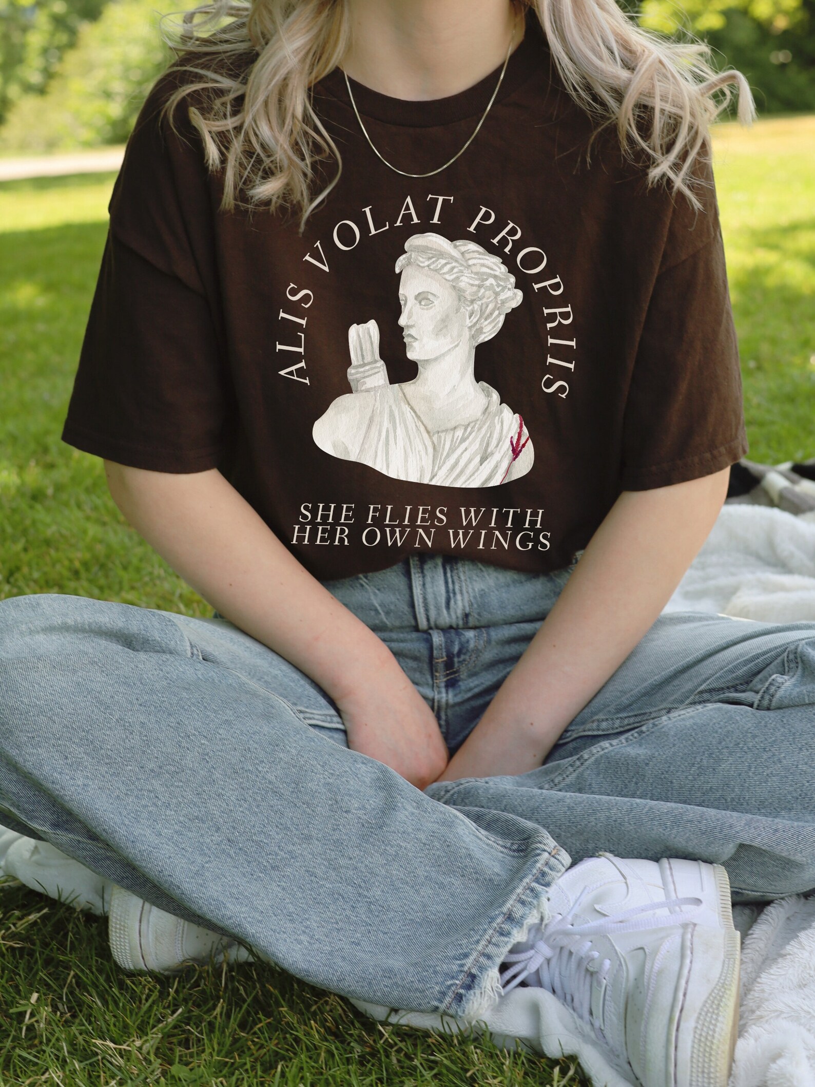 Artemis Goddess Greek Mythology Latin Phrase Tee Shirt Alis Volat Propriis Flies Wings Dark ...