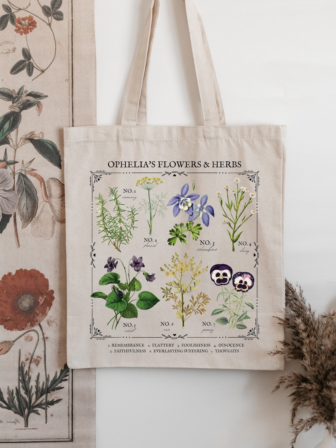 Shakespeare Hamlet Ophelia Flower Chart Herbology Floral Tote Book Bag ...