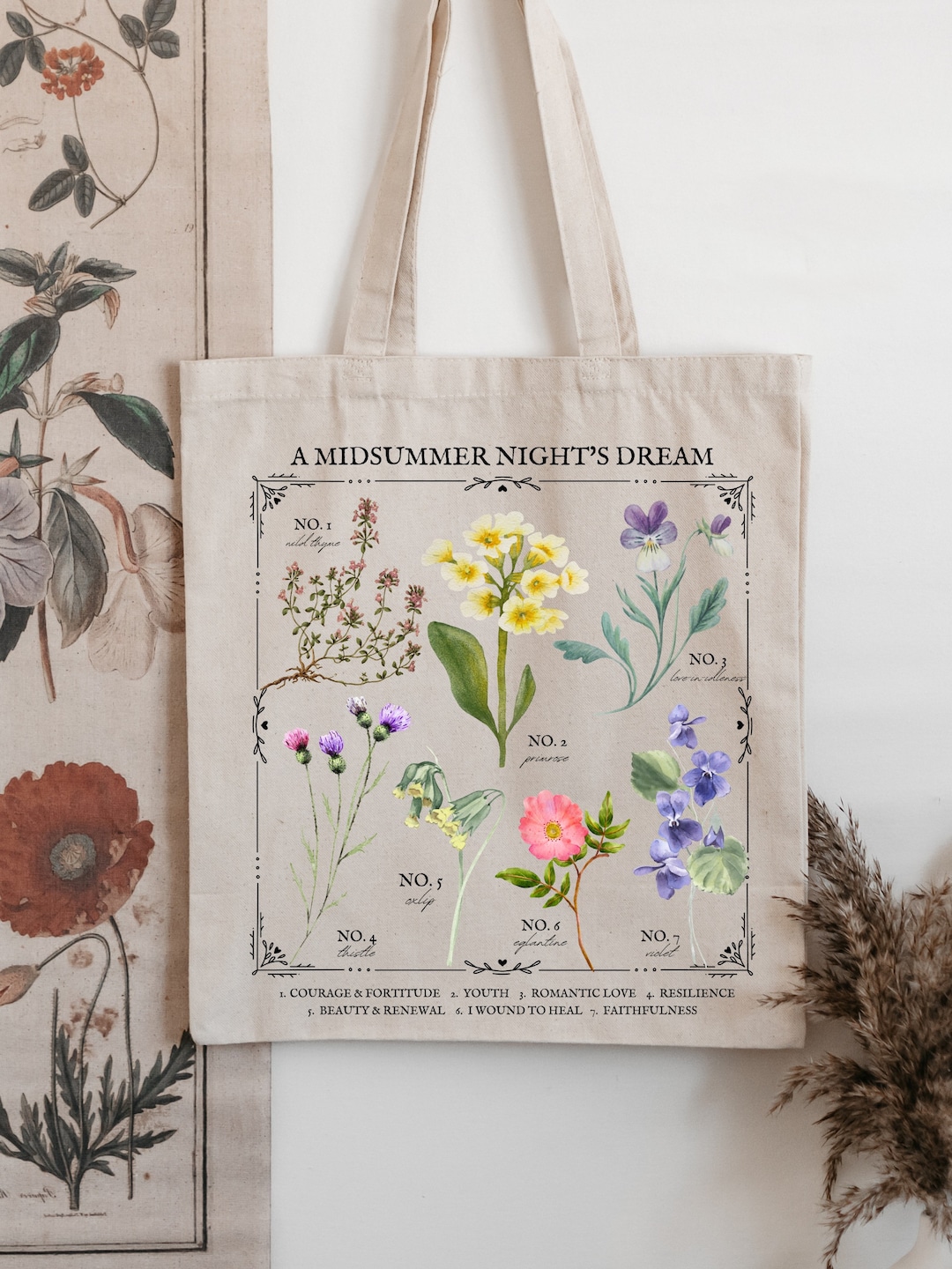 Shakespeare Midsummer Night's Dream Flower Chart Herbology Floral Tote ...