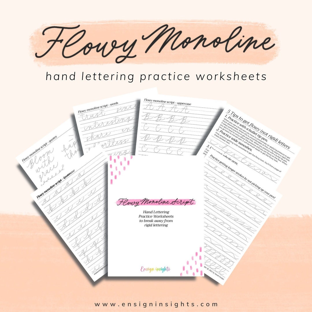 Flowy Monoline Lettering Practice Worksheets: Script, Words, Quotes ...
