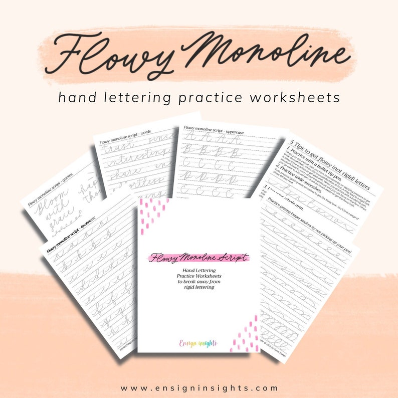 Flowy Monoline Lettering Practice Worksheets: Script, Words, Quotes ...