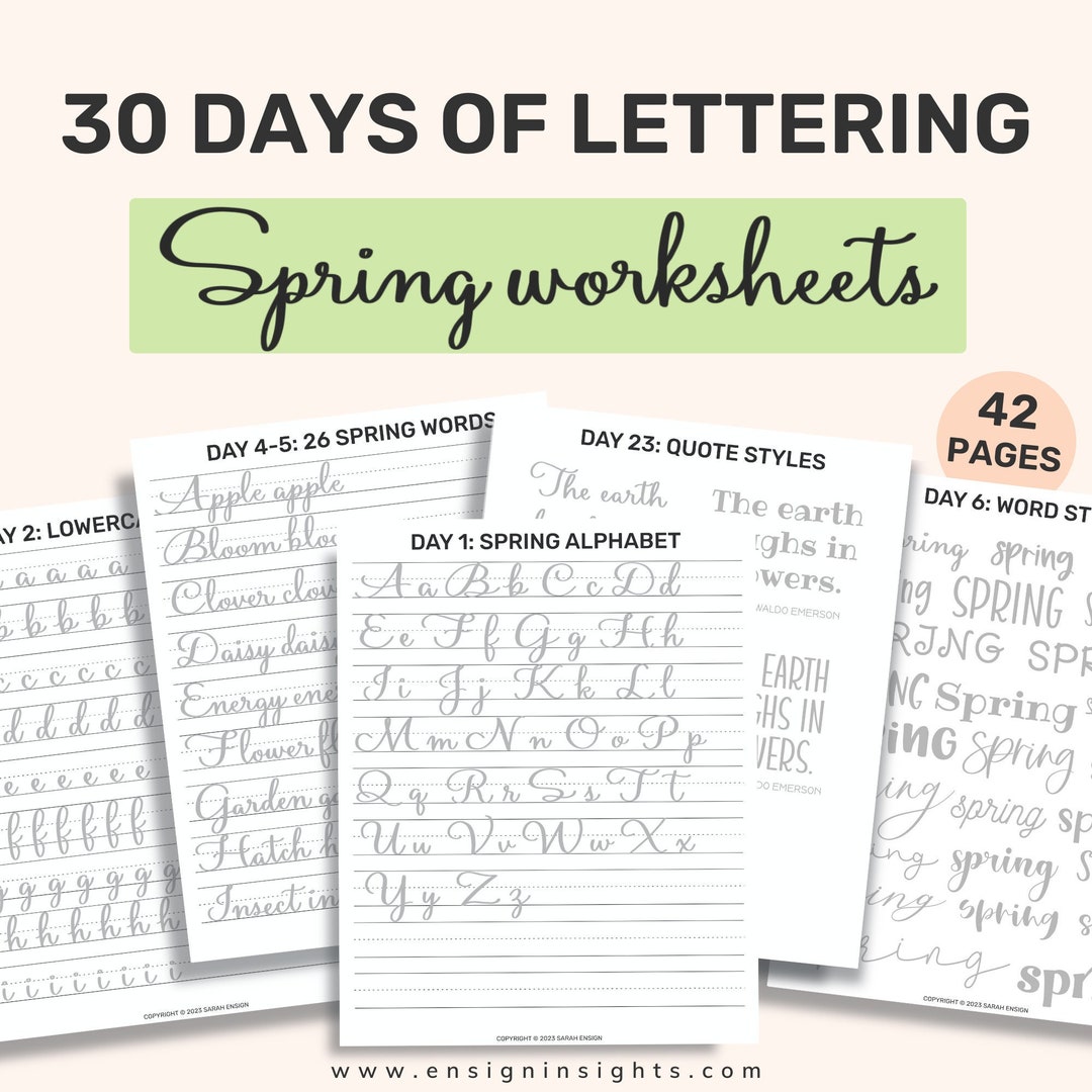 Spring Lettering Challenge: Brush Lettering Practice Sheets (digital ...