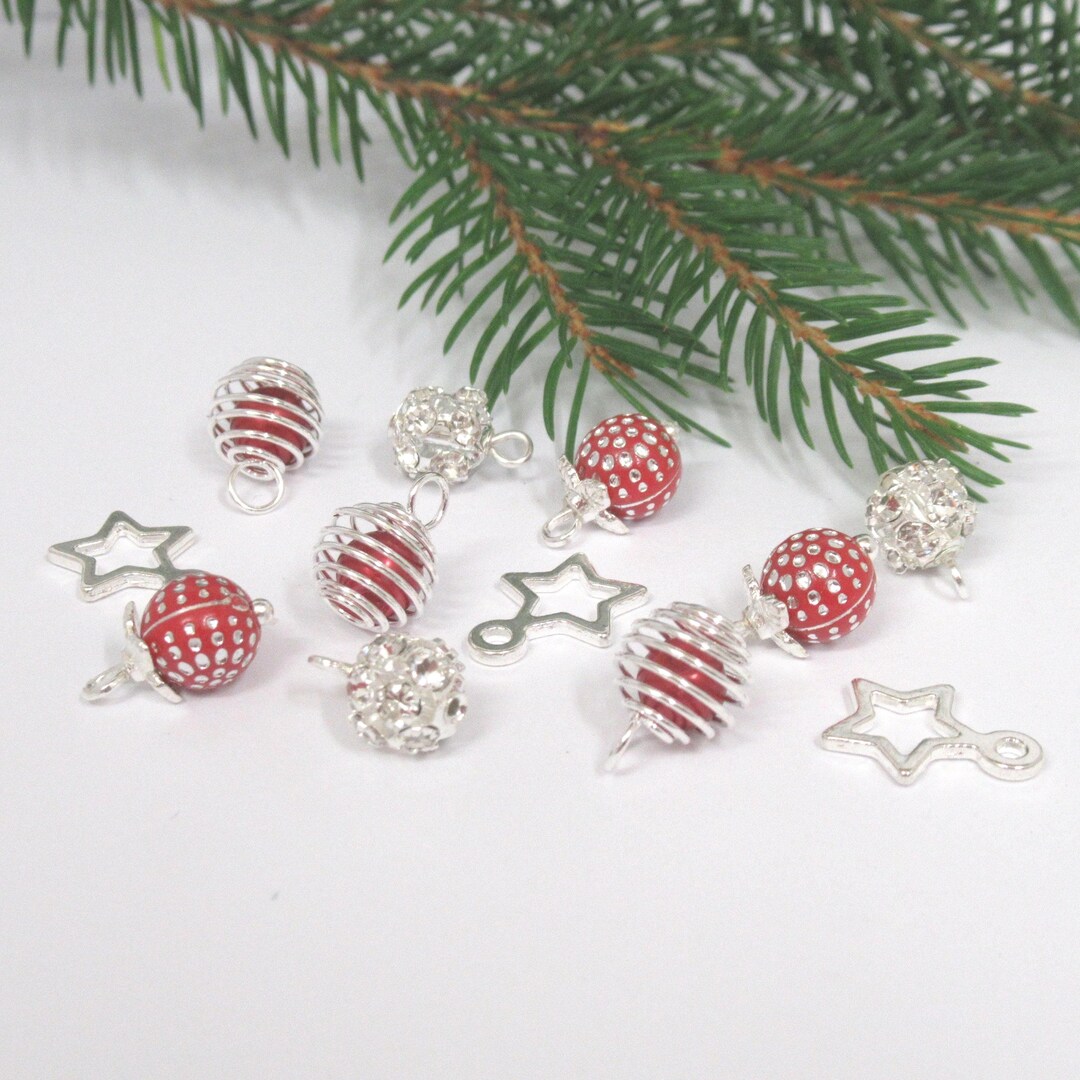 Dolls House Christmas Tree Decorations 12 Red Silver Miniature Baubles ...
