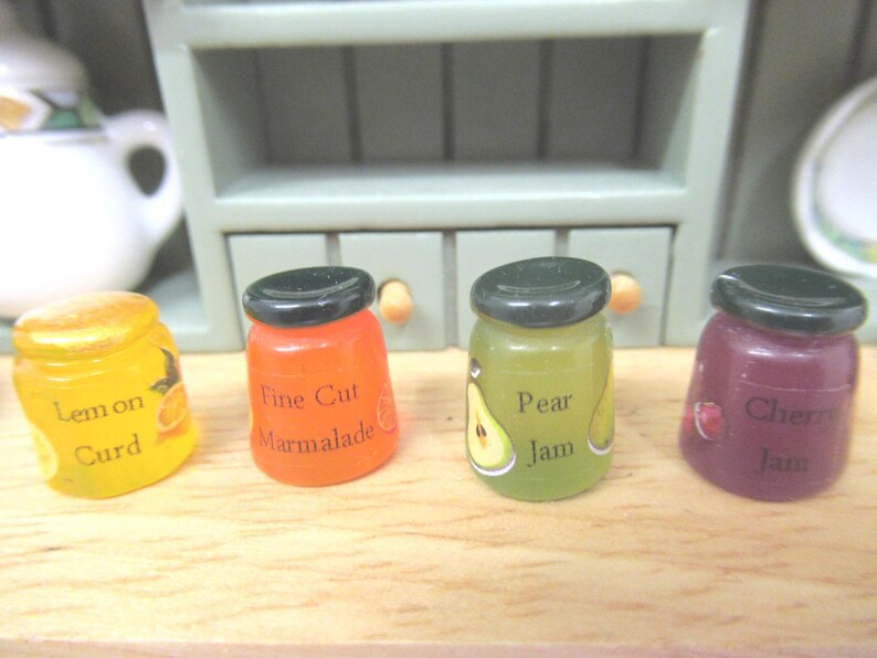 Dolls House Jam Preserve Jars Set of 4 Lemon Curd Jams Marmalade 1:12th ...