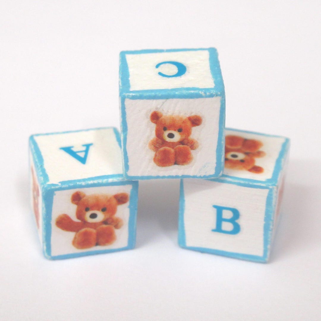 Dolls House Toy ABC Blocks Teddy Set of 3 Blue Miniature Nursery ...
